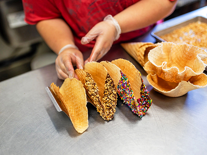 Freshly made waffle cones get the royal treatment&mdash;chocolate-dipped and adorned with nuts or rainbow sprinkles, transforming simple into spectacular. 
