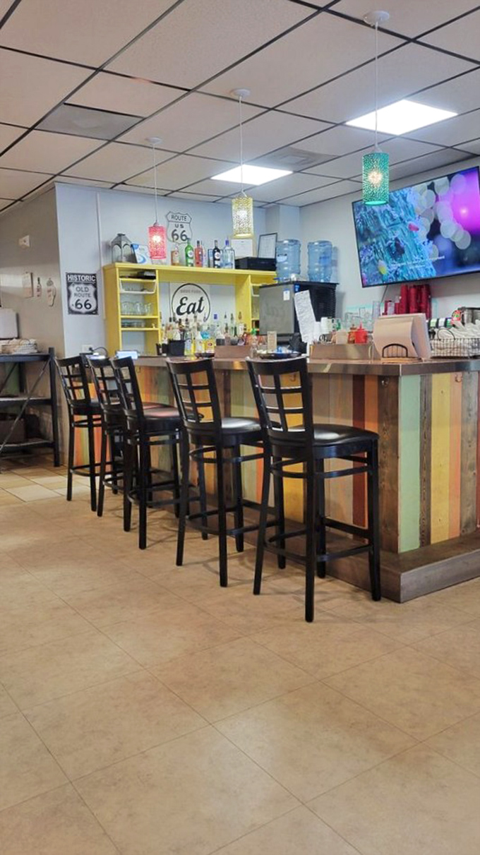 The counter's rainbow-colored wood panels remind you that diners were doing "artisanal" and "reclaimed" long before they became buzzwords.
