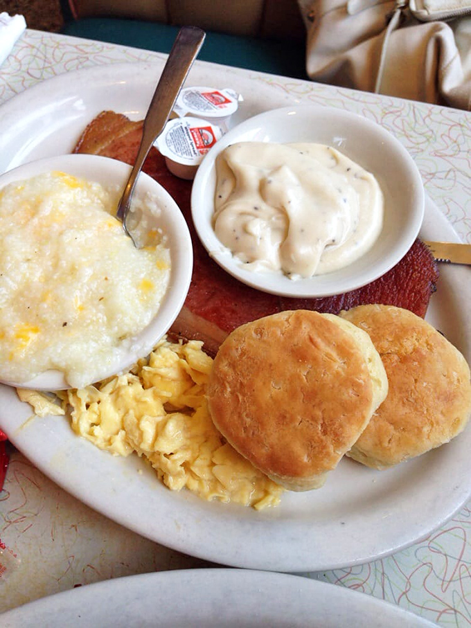 Southern breakfast perfection &ndash; fluffy biscuits, creamy grits, and scrambled eggs that make you wonder why breakfast ever has to end.
