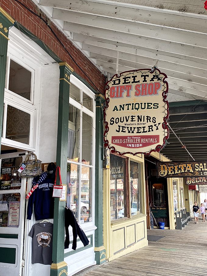 "Souvenirs, Antiques, Jewelry"&mdash;this vintage sign promises the trinkets and treasures that transform a visit into memories you can take home.