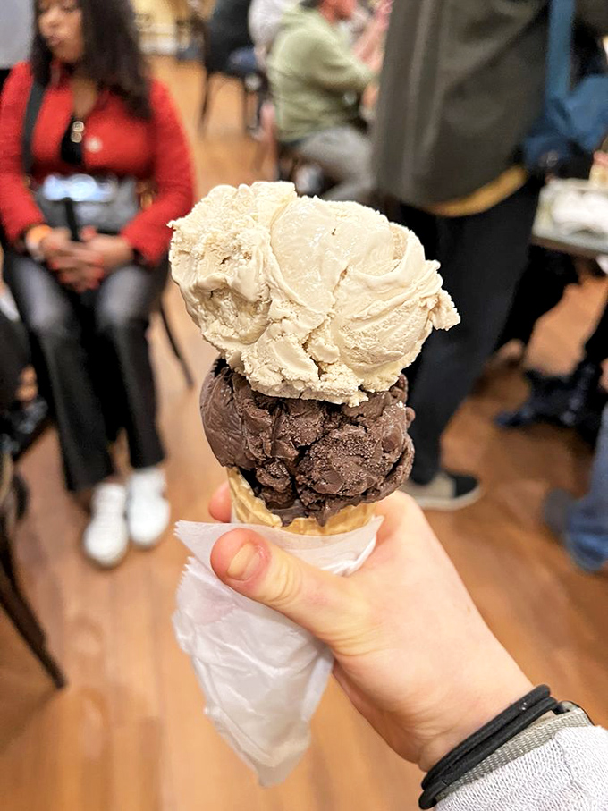 The chocolate-on-chocolate double scoop—proof that sometimes more is exactly the right amount. An edible monument to cocoa bean perfection.