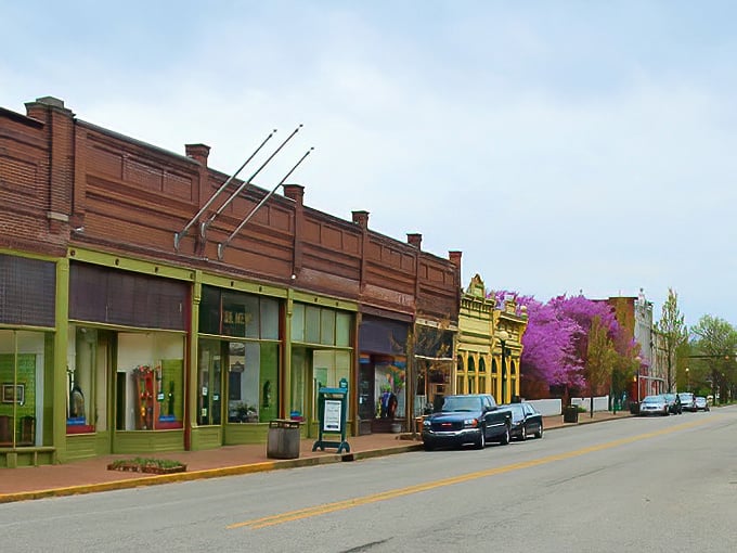 Spring brings a burst of purple redbud trees to New Harmony's storefronts, nature's way of accessorizing the town's already photogenic streetscape.