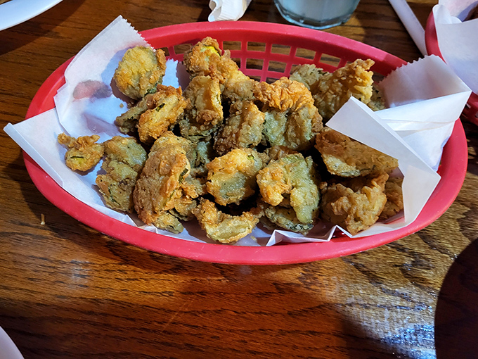 Fried shrimp nestled in a basket like golden treasures from the deep. No fancy garnishes needed when the main attraction is this good.