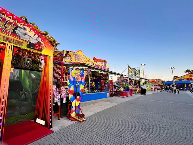 Carnival games line the midway with their colorful enticements, where winning an oversized stuffed animal becomes the day's most noble pursuit.