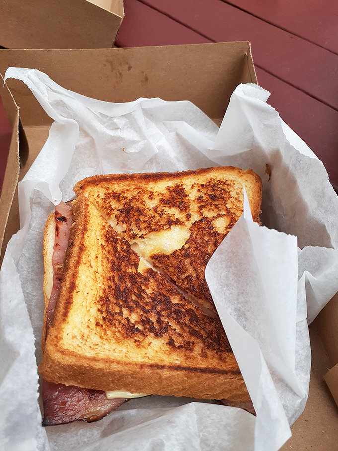 The grilled ham and cheese achieves that perfect golden-brown exterior that makes you want to write poetry about butter and bread.