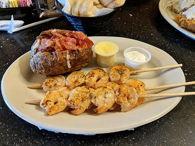 Grilled shrimp skewers and a loaded baked potato prove that Click's isn't just a one-trick pony&mdash;though beef is clearly the headliner.