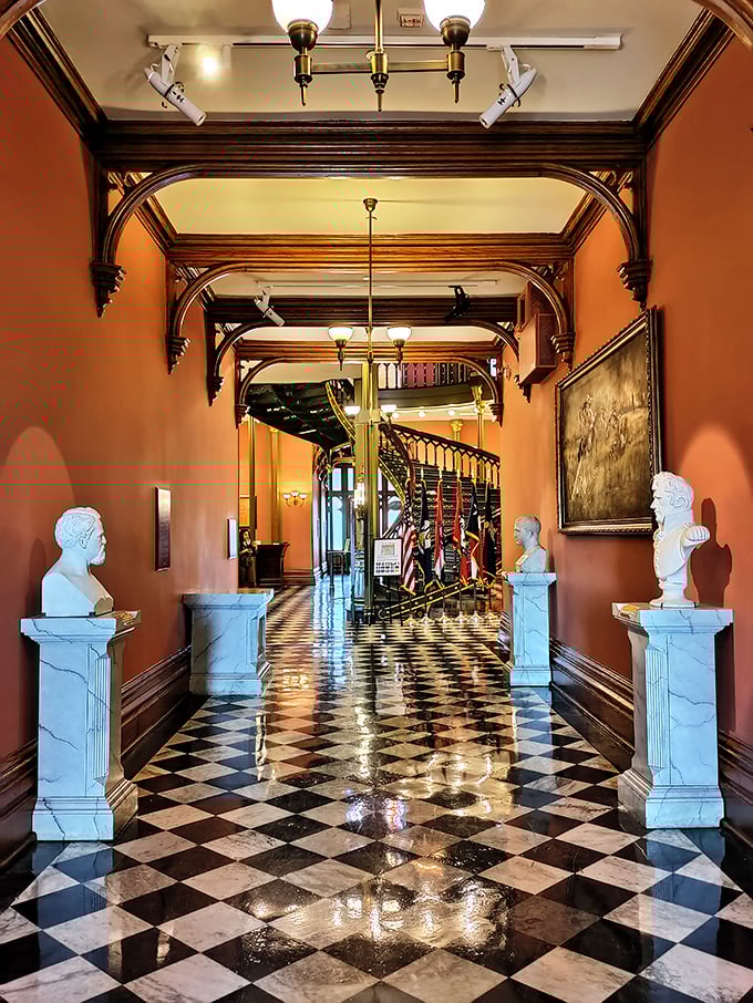 The Senate Chamber's kaleidoscope of colors rivals any European cathedral, with its painted arches and ornate balustrades creating a political theater.