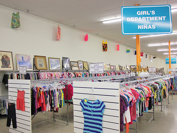 The children's department is a rainbow of possibilities. Growing kids and shrinking wallets find perfect harmony among these colorful racks.