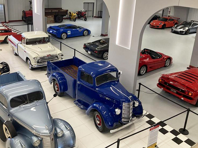 The museum's thoughtful layout creates automotive vignettes that span decades &ndash; from vintage American trucks to European exotics sharing the same pristine space.