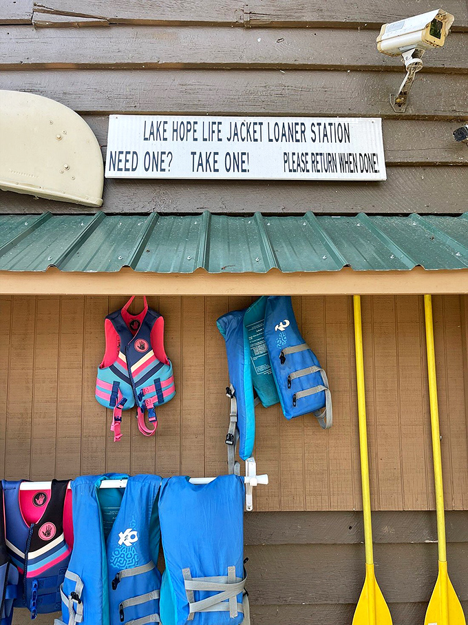Need one? Take one! The honor system life jacket station&mdash;where water safety meets small-town trust in the most heartwarming way possible.
