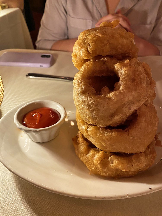 Golden onion rings stacked like delicious Olympic rings&mdash;crispy, airy halos that make you wonder why vegetables ever bothered growing any other way.