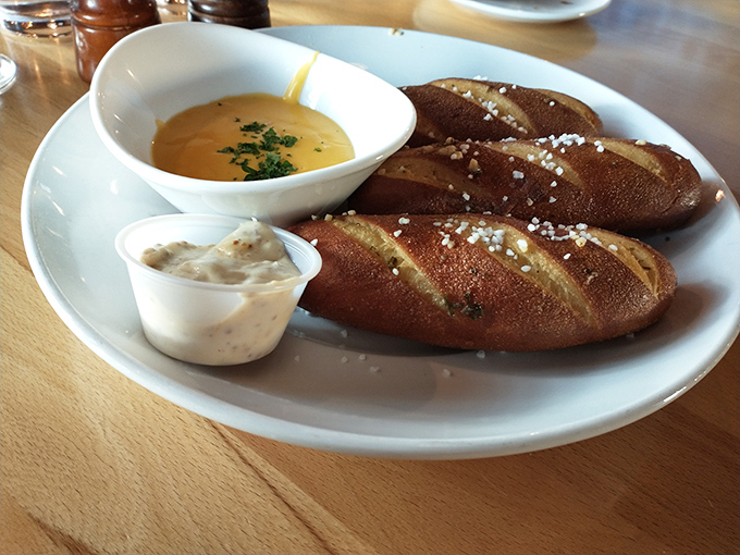 These aren't just pretzels; they're warm, salt-kissed dough ambassadors sent to introduce you to their cheese sauce companions.