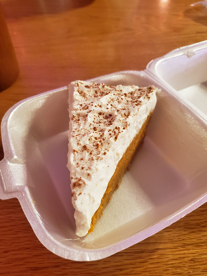 Pumpkin pie with a delicate dusting of spice. The kind of dessert that makes you reconsider saving room, even after consuming your body weight in barbecue.