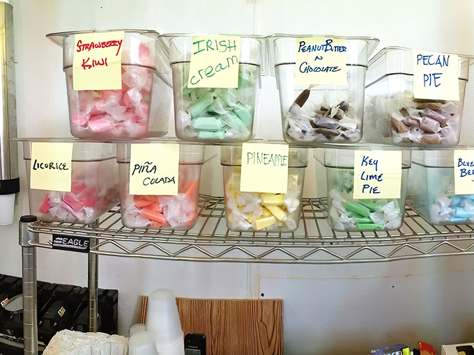 A rainbow of salt water taffy flavors&mdash;from Strawberry Kiwi to Pecan Pie&mdash;offering a sweet finale to your seafood adventure.