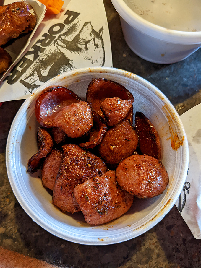 Smoked sausage that snaps with each bite, paired with sharp cheddar and tangy pickles. A perfect barbecue appetizer that disappears quickly. 