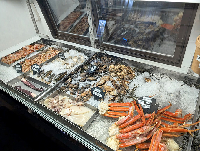 A treasure chest of oceanic delights on ice. This display case is the adult equivalent of a candy store window.