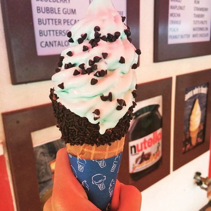 Mint and pink swirled soft serve dipped in chocolate sprinkles&mdash;wearing a blue paper collar like it's dressed for a fancy occasion.