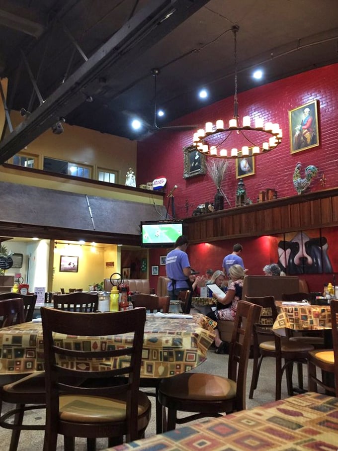 Red walls and wooden accents create the perfect backdrop for the daily drama of deciding between pancakes and waffles.