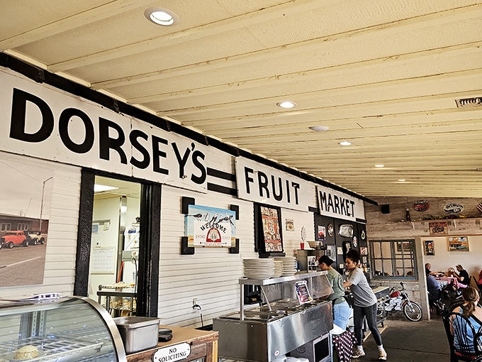 "Dorsey's Fruit Market" sign hints at the building's previous life, a reminder that the best places often have layers of history baked into their very walls.