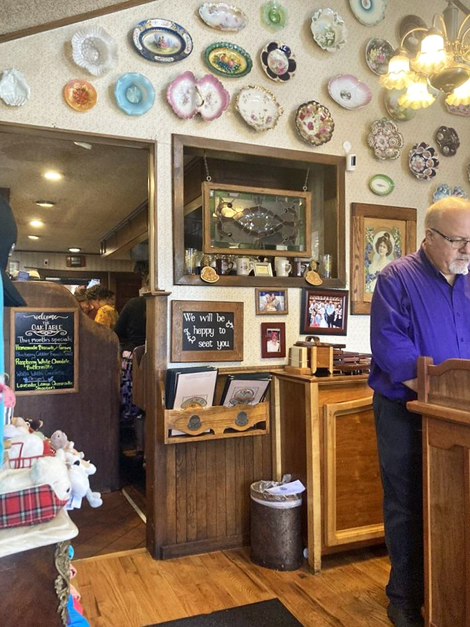The host station where breakfast dreams begin. Decorative plates and warm wood create a welcoming first impression that says, "You've made an excellent decision."