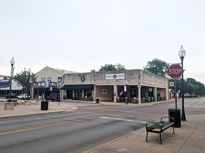Corner buildings with character anchor Granbury's streets, where stop signs aren't just suggestions and benches invite actual sitting.