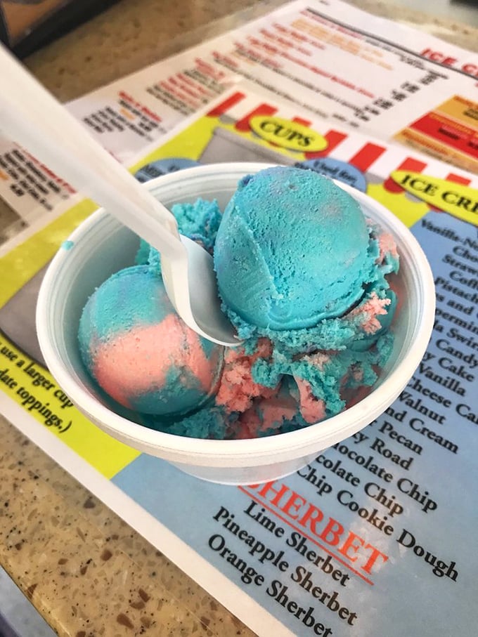 Blue and pink swirls creating a summer sunset in a cup. Superman ice cream doesn't just look magical&mdash;it tastes like childhood memories.