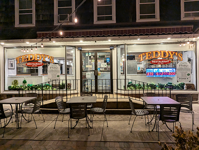 Teddy's Restaurant glows with late-night promise, its vintage sign a beacon for those seeking breakfast at dinner or dinner at breakfast.
