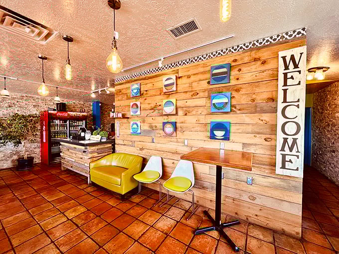 The warm wooden interior with its distinctive art and welcoming vibe makes you want to linger long after your plate is clean.