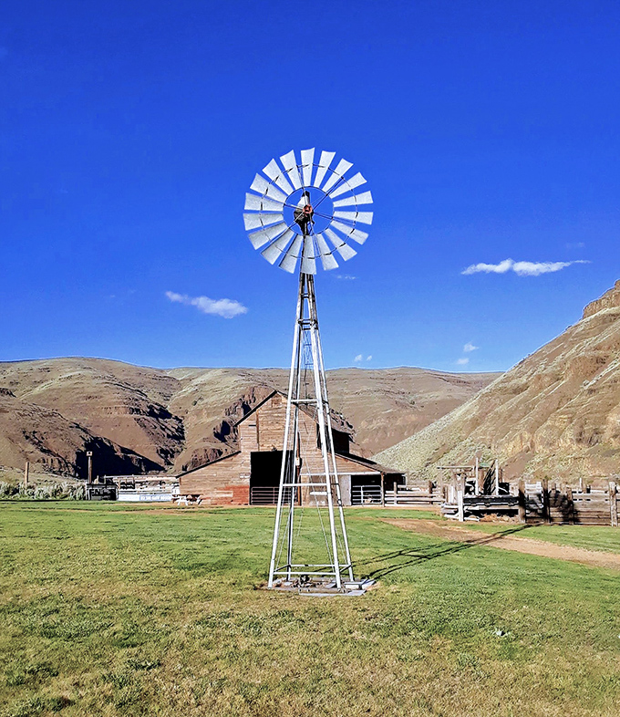 The vintage windmill stands sentinel against canyon walls, a reminder of when wind power wasn't just trendy&mdash;it was essential.