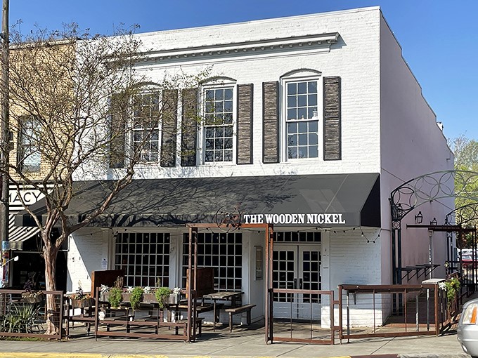 The Wooden Nickel's inviting storefront promises comfort food and local brews—the perfect reward after a day of treasure hunting.