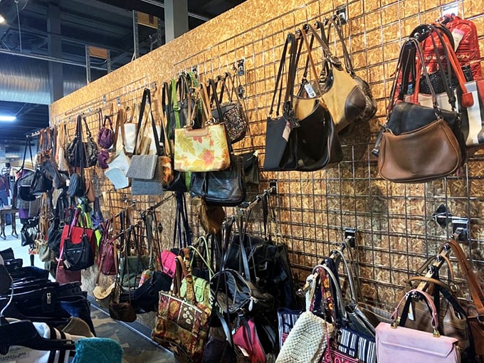 The handbag wall showcases everything from practical totes to statement purses, all waiting for that "where did you get that?" conversation starter moment.