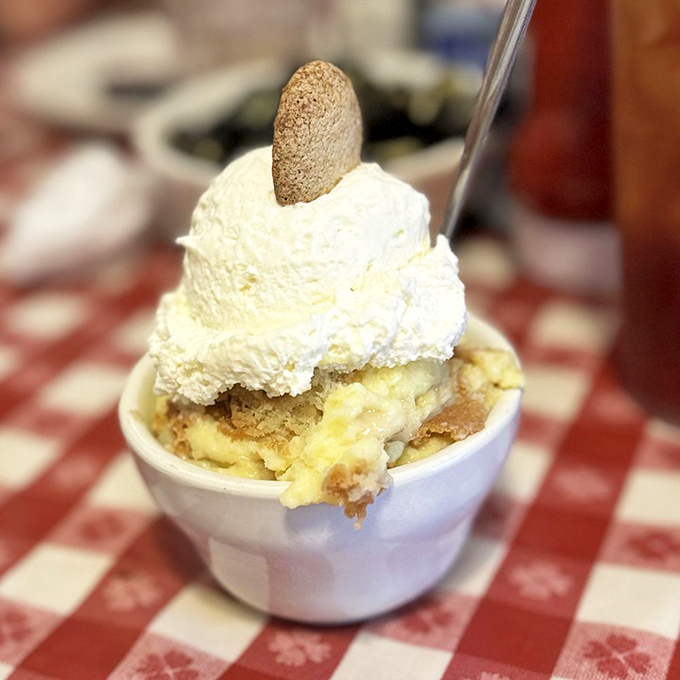 Banana pudding topped with a cloud of whipped cream. Dessert so good it makes grown adults consider licking the bowl in public.