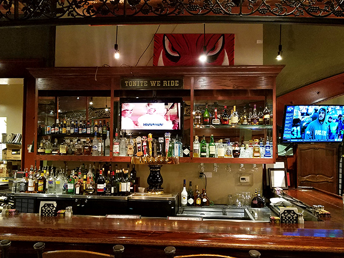 The bar doesn't just serve drinks&mdash;it tells stories through bottles, with "TONITE WE RIDE" promising adventures that begin with your first sip.