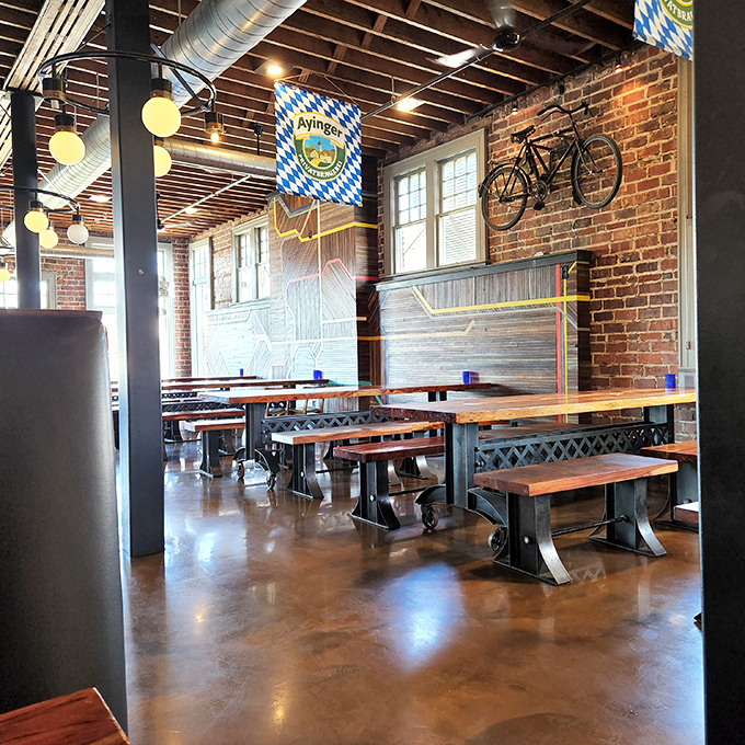 Long communal tables channel authentic biergarten vibes, where strangers become friends over shared pretzels and "Prost!" becomes your new favorite word.