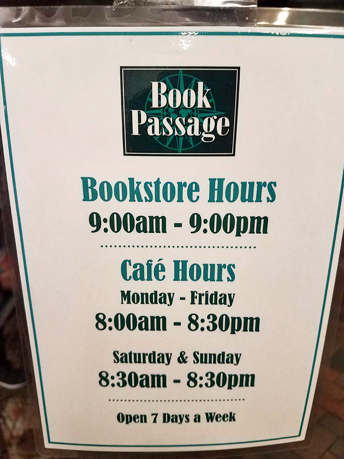 The hours posted like a promise: "Yes, we're here when inspiration strikes." The caf&eacute;'s schedule ensures caffeine accompanies your literary adventures.