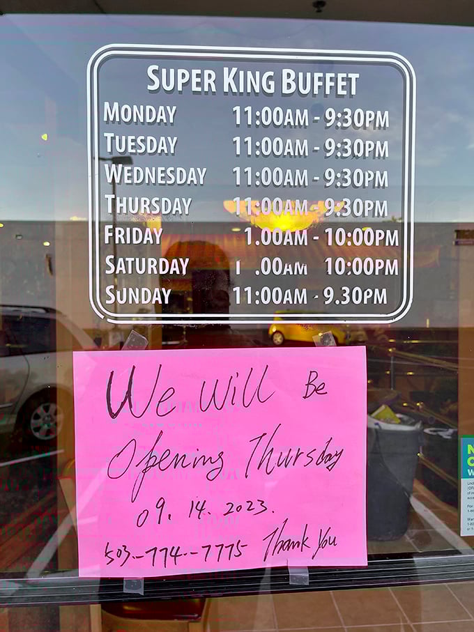 The hours of operation sign with its handwritten update&mdash;a reminder that even in our digital age, pink paper and Sharpies still effectively communicate important buffet intel.