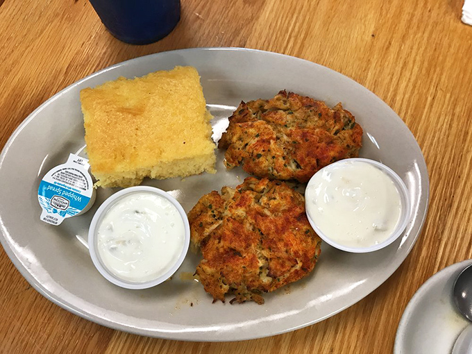 Crab cakes that are actually cakes of crab, not breadcrumbs. Served with cornbread that's worth the trip alone. This is the Eastern Shore on a plate.