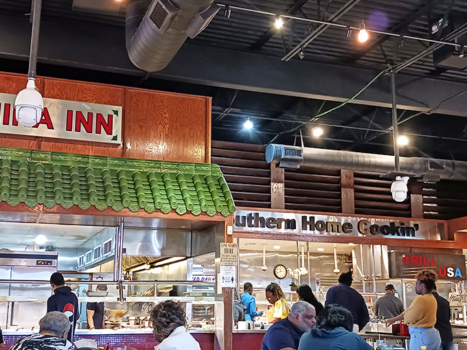 The weekend crowd gathering for their strategic buffet assault. Notice the focused expressions&mdash;these folks are not amateurs.
