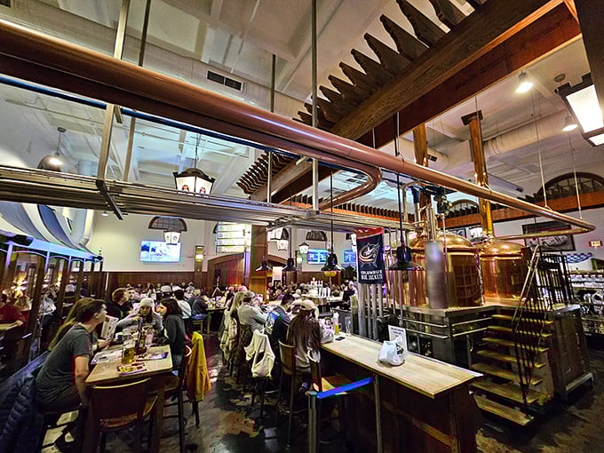 The brewing equipment isn't just for show&mdash;it's the beating heart of this bustling beer hall where traditions are kept alive one pint at a time.