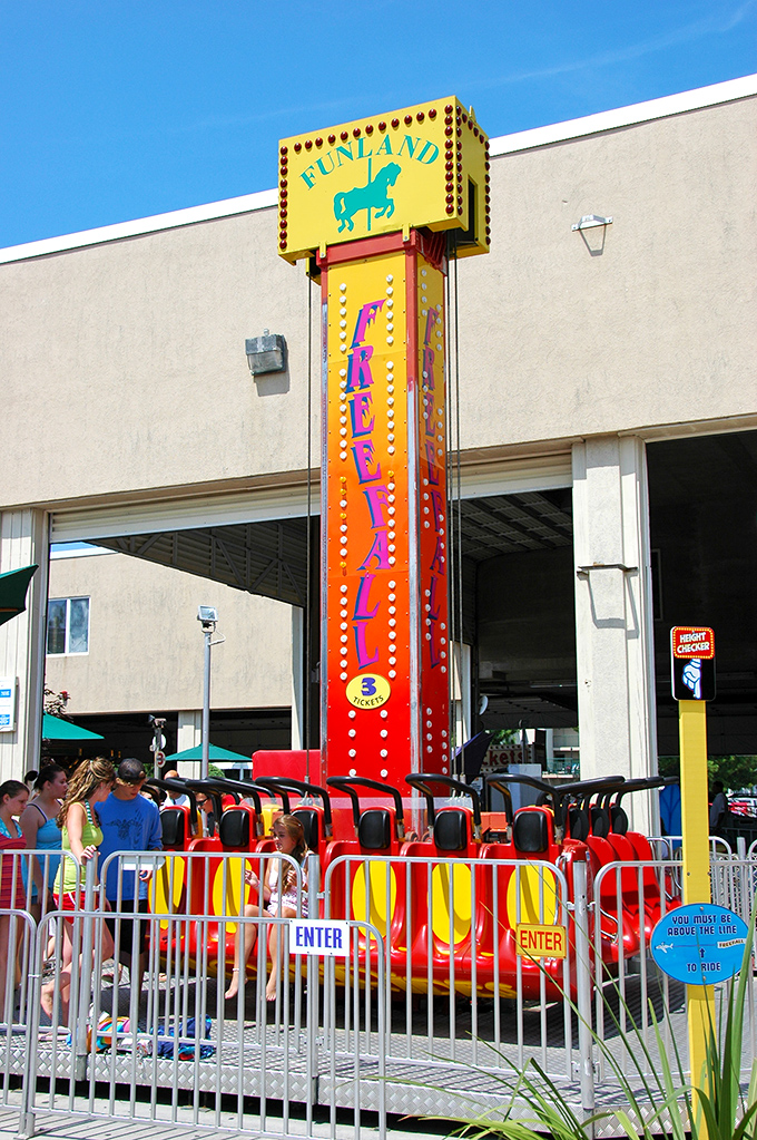 Funland's Free Fall tower stands tall against the summer sky, a vertical launching pad for screams that can probably be heard in Philadelphia.
