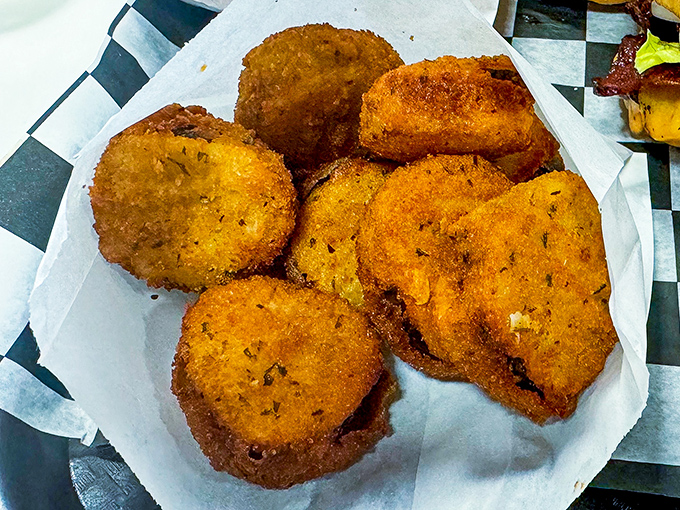 Fried pickles: proof that anything becomes extraordinary when battered and introduced to hot oil. A crunchy, tangy revelation.