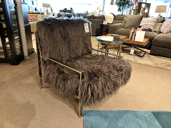 The chair that answers the question: "What if comfort wore a shaggy coat?" It's like sitting on a friendly yeti with excellent posture.