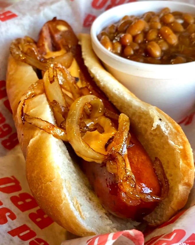 This isn't just any hot dog&mdash;it's a sausage that's been properly introduced to smoke, topped with caramelized onions and nestled in a pillowy bun.