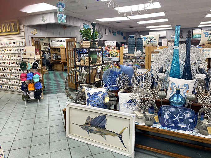 The coastal-themed gift section transforms beach memories into year-round decor, where sailfish art meets seaglass-colored treasures.