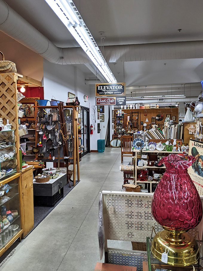 Look up! Even the elevator sign is vintage. In this two-story paradise of collectibles, getting lost is half the adventure.