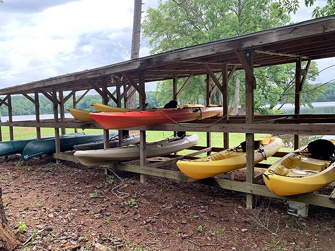 Colorful kayaks await water enthusiasts looking to explore the lake's hidden coves. Your chariot to aquatic adventure is ready when you are.
