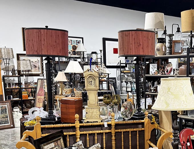 Lamps, frames, and vintage furniture create little vignettes of possibility. Your empty corner at home is practically begging for that grandfather clock.