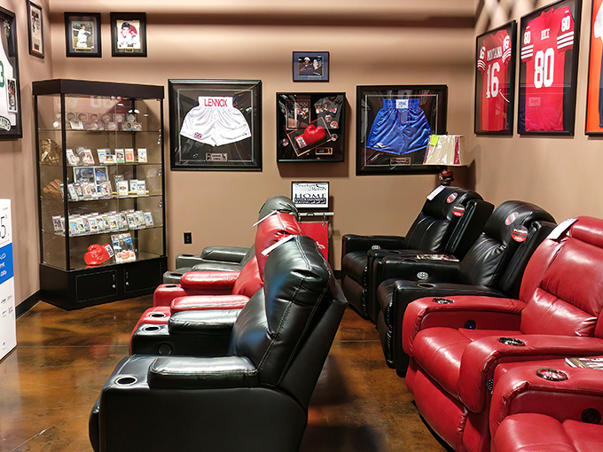 The media room section: where men suddenly become interested in furniture shopping when they realize recliners can have cup holders AND charging ports.