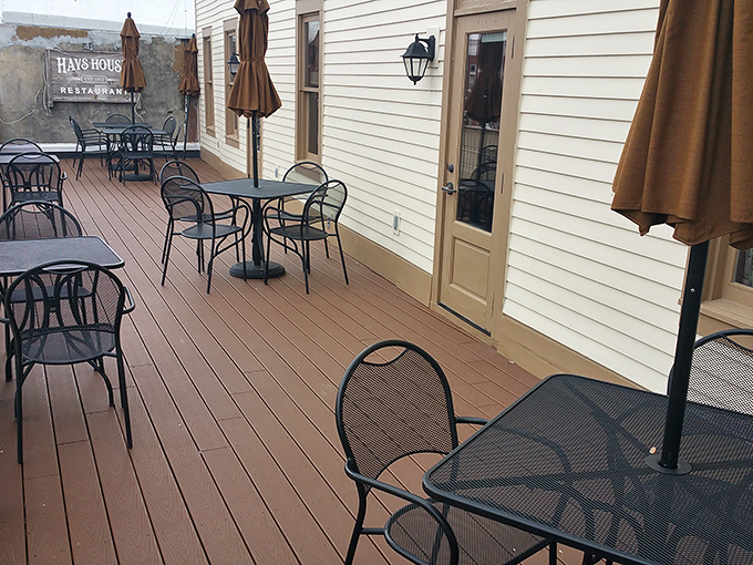 The outdoor dining area offers fresh air and history&mdash;where you can enjoy your meal while imagining Santa Fe Trail travelers passing by.