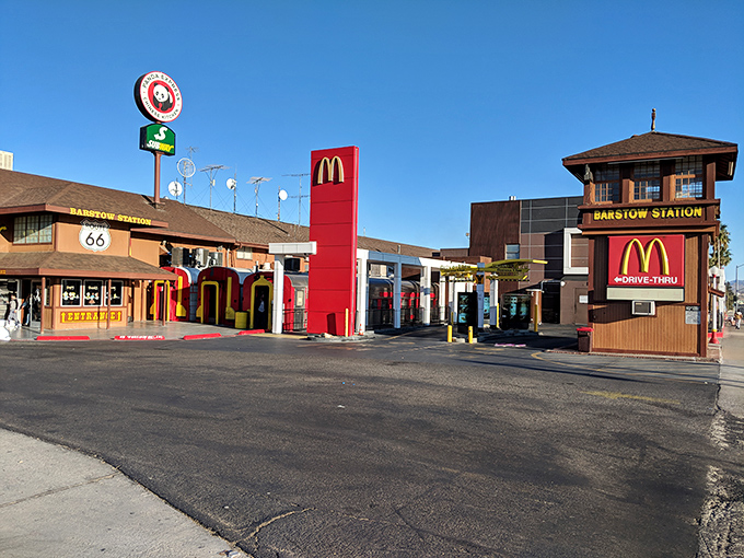 Barstow Station's unique train-themed food court offers familiar chains in unfamiliar settings, proving fast food can still come with a side of character and history.